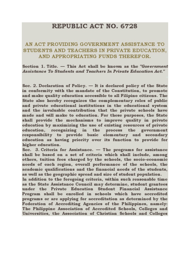 RA 6728-Government Assistance to Students and Teachers in Private Education Act | Private School ...