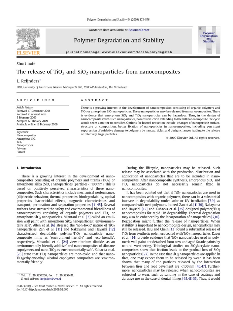 The Release of TiO2 and SiO2 Nanoparticles From Nanocomposites | PDF ...
