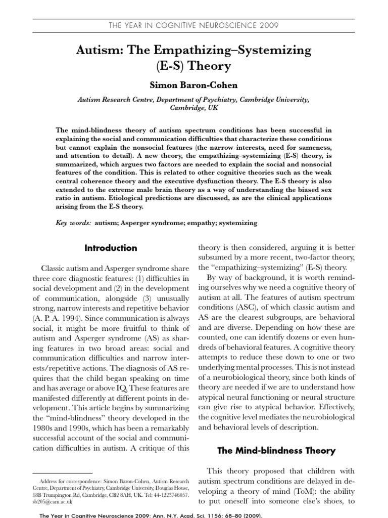 Baron-Cohen, S - Autism: The Empathizing-Systemizing (E-S) Theory | PDF