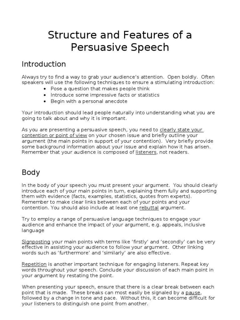 Structure and Features of A Persuasive Speech | PDF | Argument | Speech