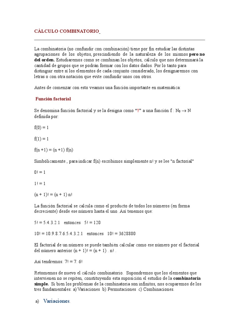 CÁLCULO COMBINATORIO | PDF | Función (Matemáticas) | Combinatoria