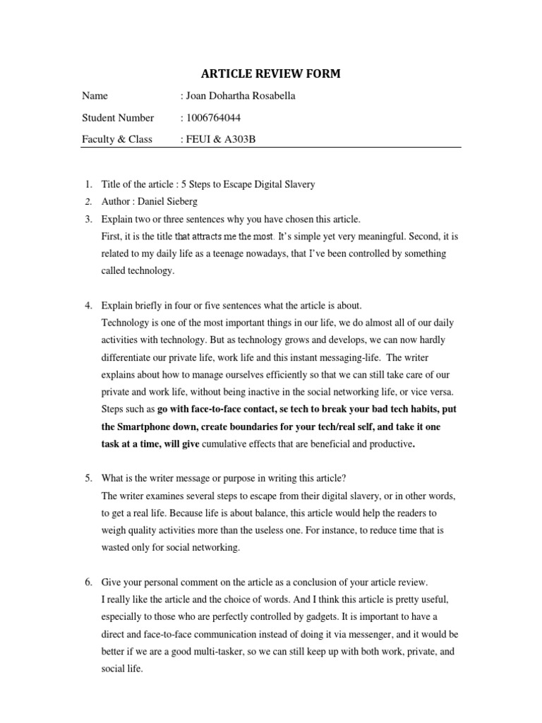Article Review Form: Name: Joan Dohartha Rosabella Student Number ...