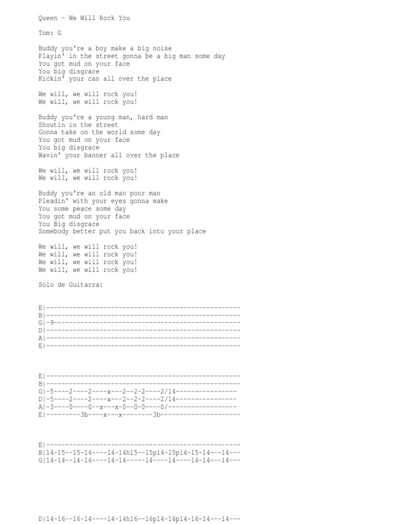 We Will Rock You: Lyrics and Tabs | PDF