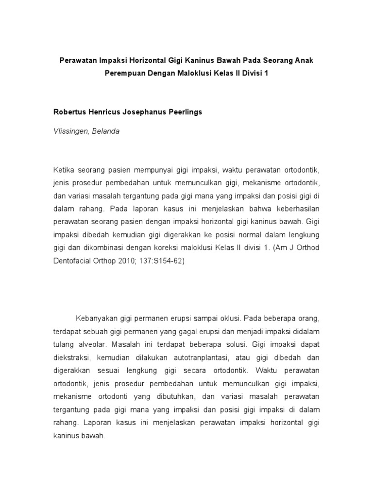 Perawatan Impaksi Horizontal Gigi Kaninus Bawah Pada Seorang Anak ...
