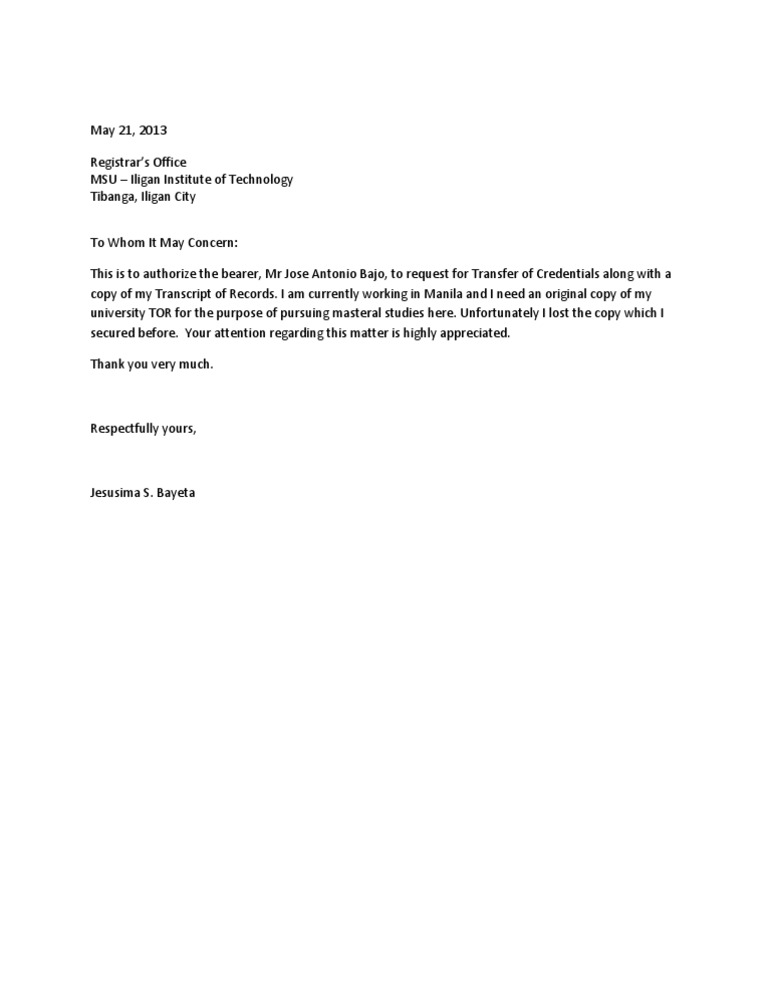 Authorization Letter TOR Mai | PDF