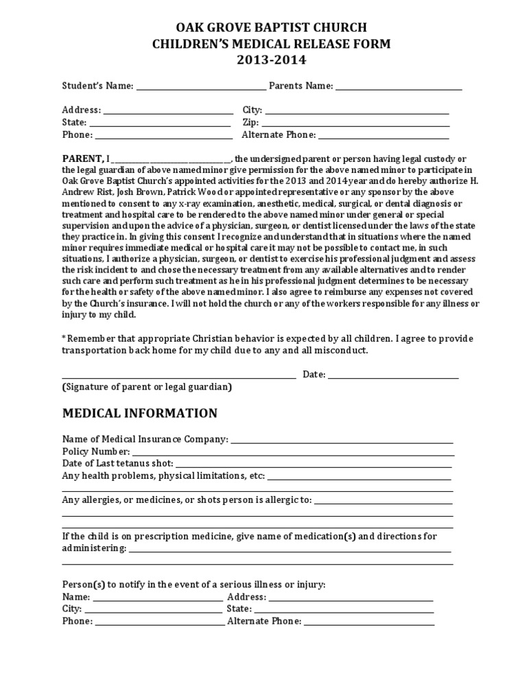Childrens Medical Release Form 2013 | PDF | Medicine | Health Care