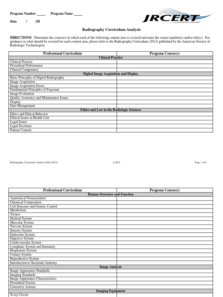 Radiography Curriculum Analysis Grid | PDF | Medical Imaging | Radiology