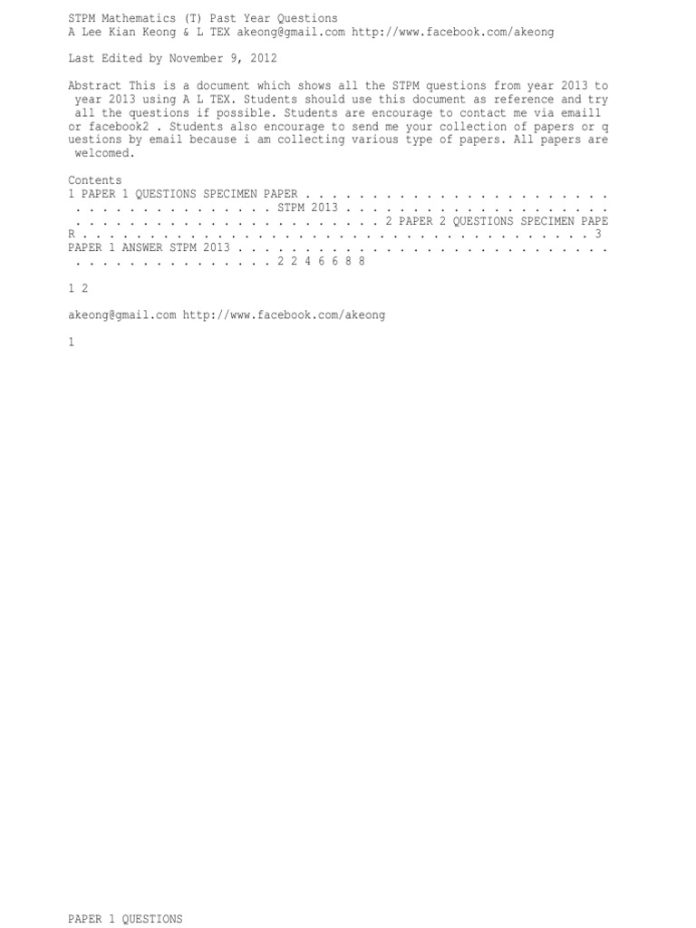 STPM Mathematics T Past Year Question P1 P2 P3 | PDF | Equations ...