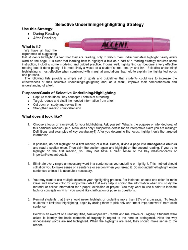 1 Selective Underlining Strategy | PDF | Reading (Process) | Reading ...
