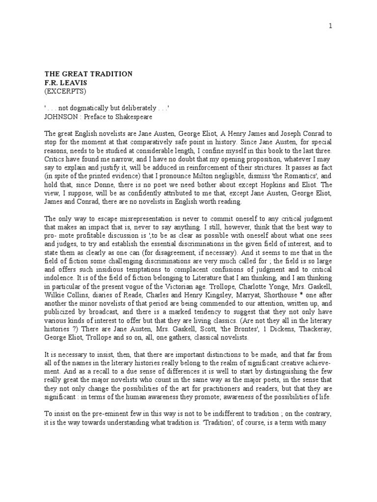 F.R. Leavis-Excerps From The Great Tradition | PDF | Jane Austen ...