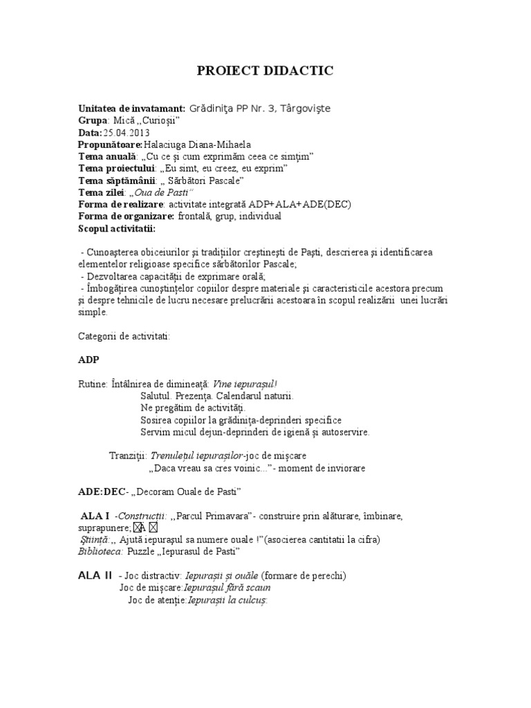 Proiect Didactic-Gradinita Activitate Integrata | PDF