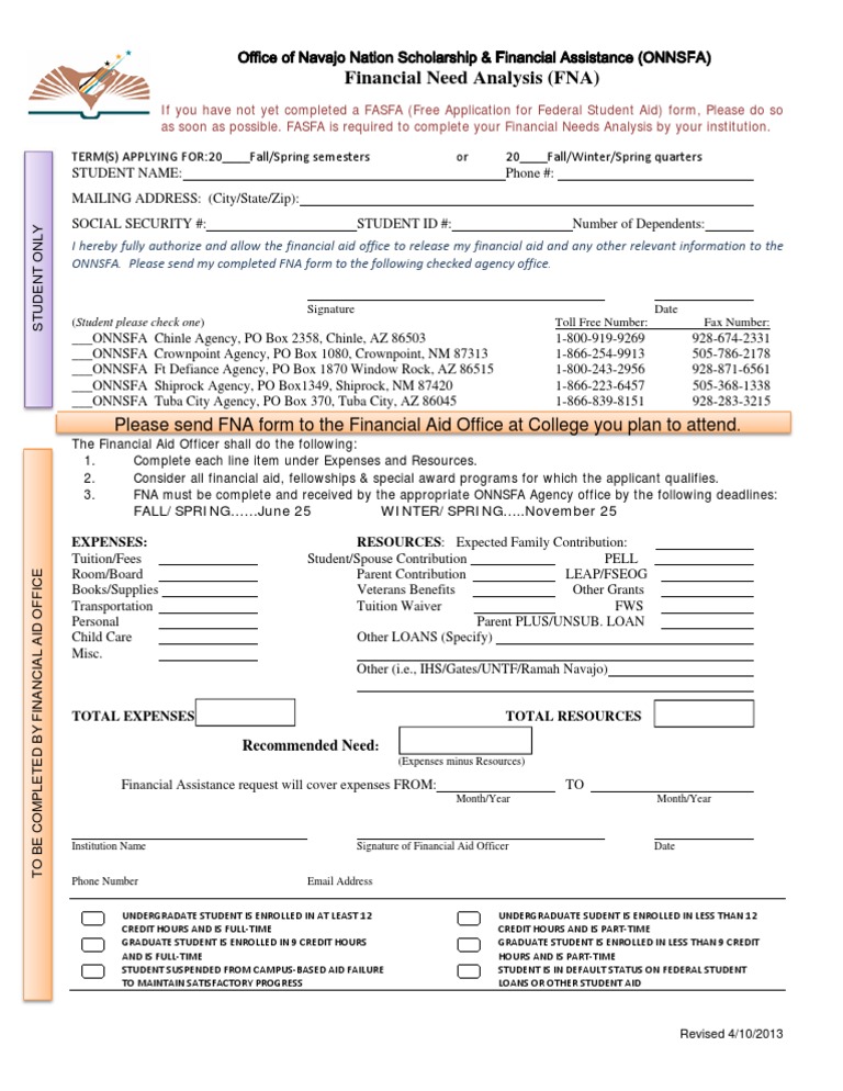 ONNSFA FInancial Need Analysis Form | PDF | Student Financial Aid In ...