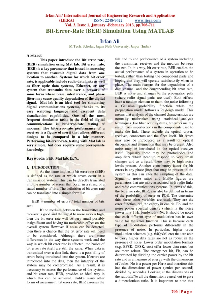Bit Error Rate Ber Simulation Using Matlab Pdf Signal To Noise Ratio Telecommunications