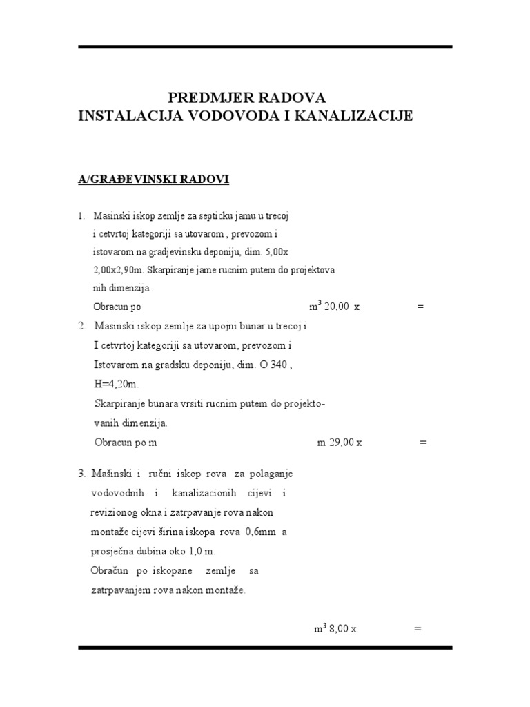 Predmjer Radova Vod.i Kanal. | PDF