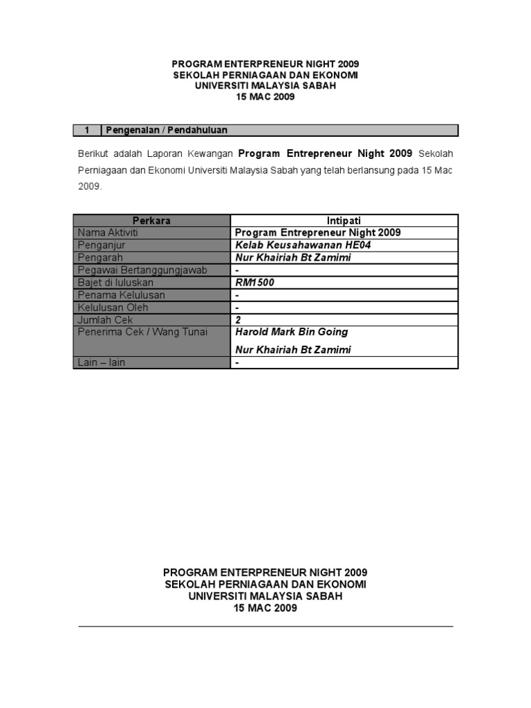 Format Laporan Kewangan Aktiviti Pelajar Ums | PDF
