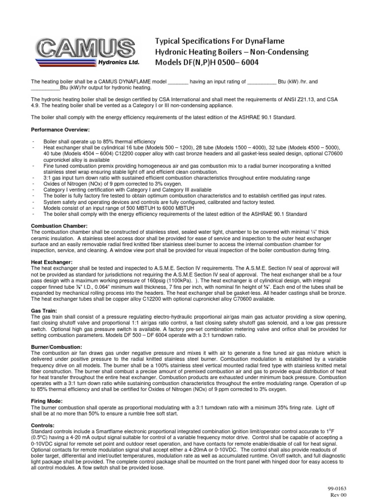 Camus DynaFlame Boiler Specifications | PDF | Combustion | Boiler