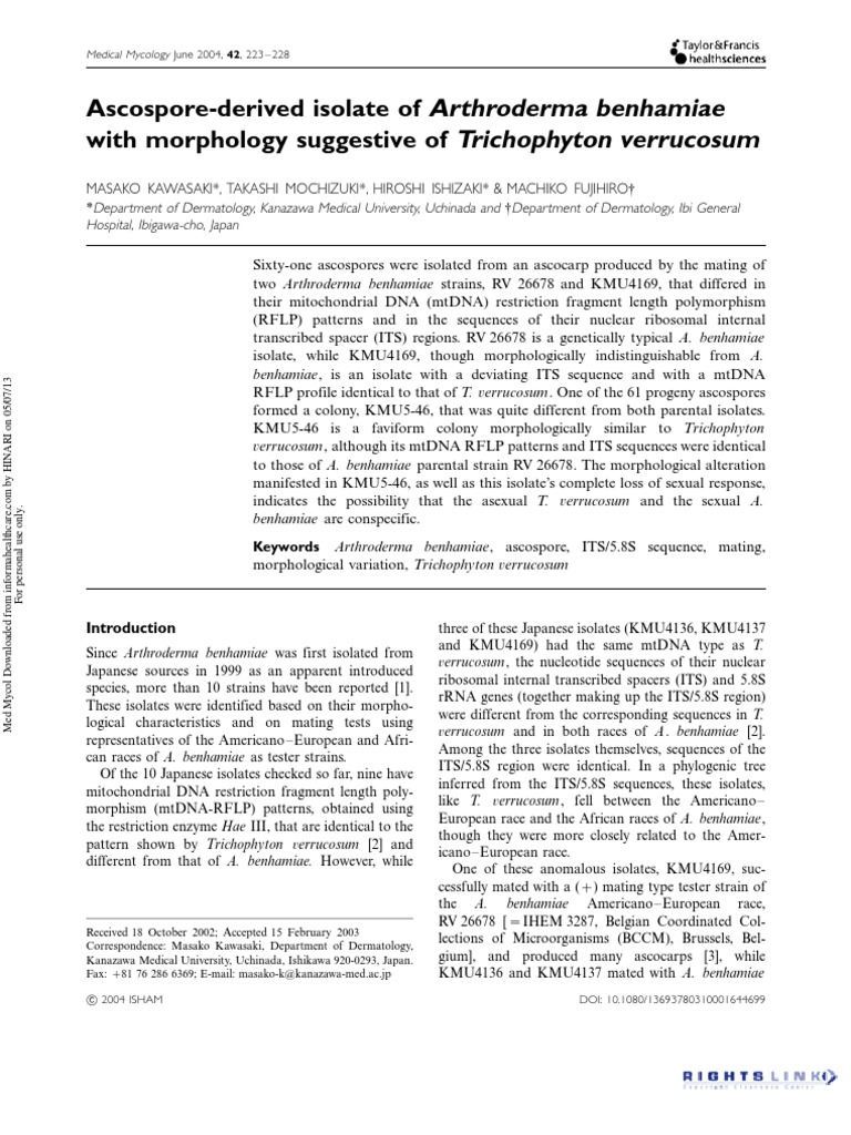 Ascospore-Derived Isolate of With Morphology Suggestive Of: Arthroderma ...