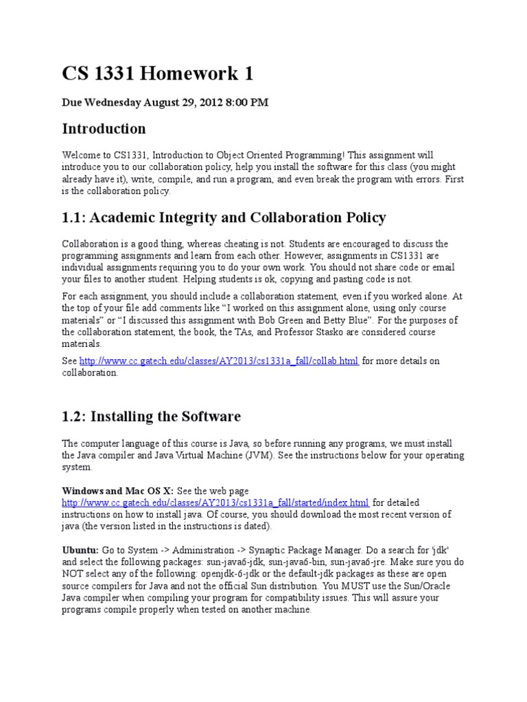 CS 1331 Homework 1: 1.2: Installing The Software | PDF | Java ...