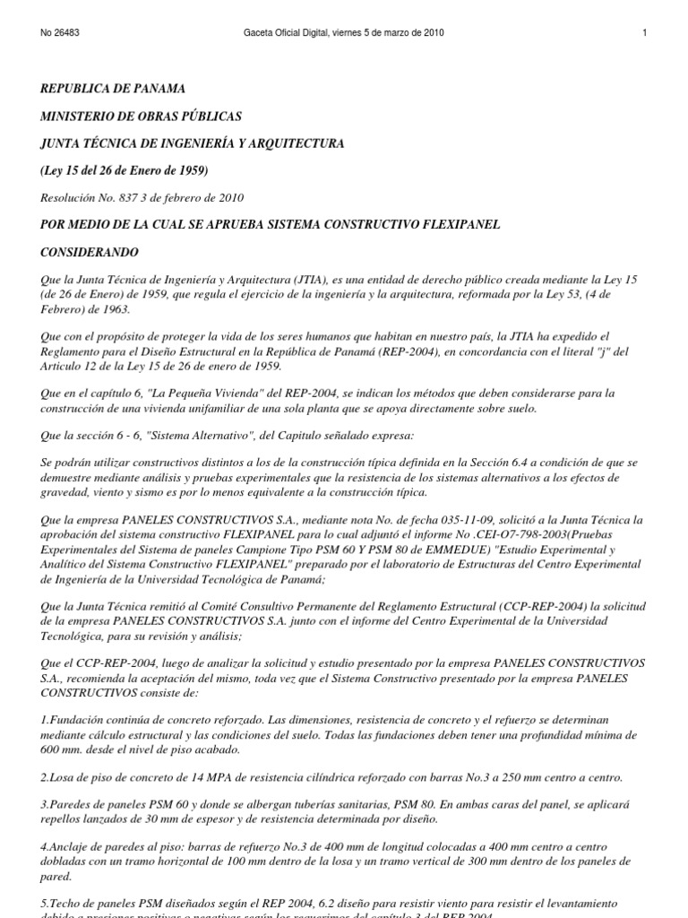 Aprobacion Sistema Constructivo Flexipanel Panama | PDF | Panamá ...
