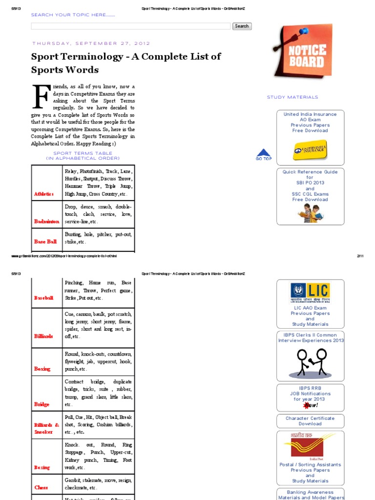 Complete Sports Terminology List | PDF | Teams | Leisure