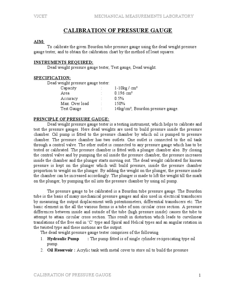 Calibration of Pressure Gauge | PDF | Pressure Measurement | Calibration