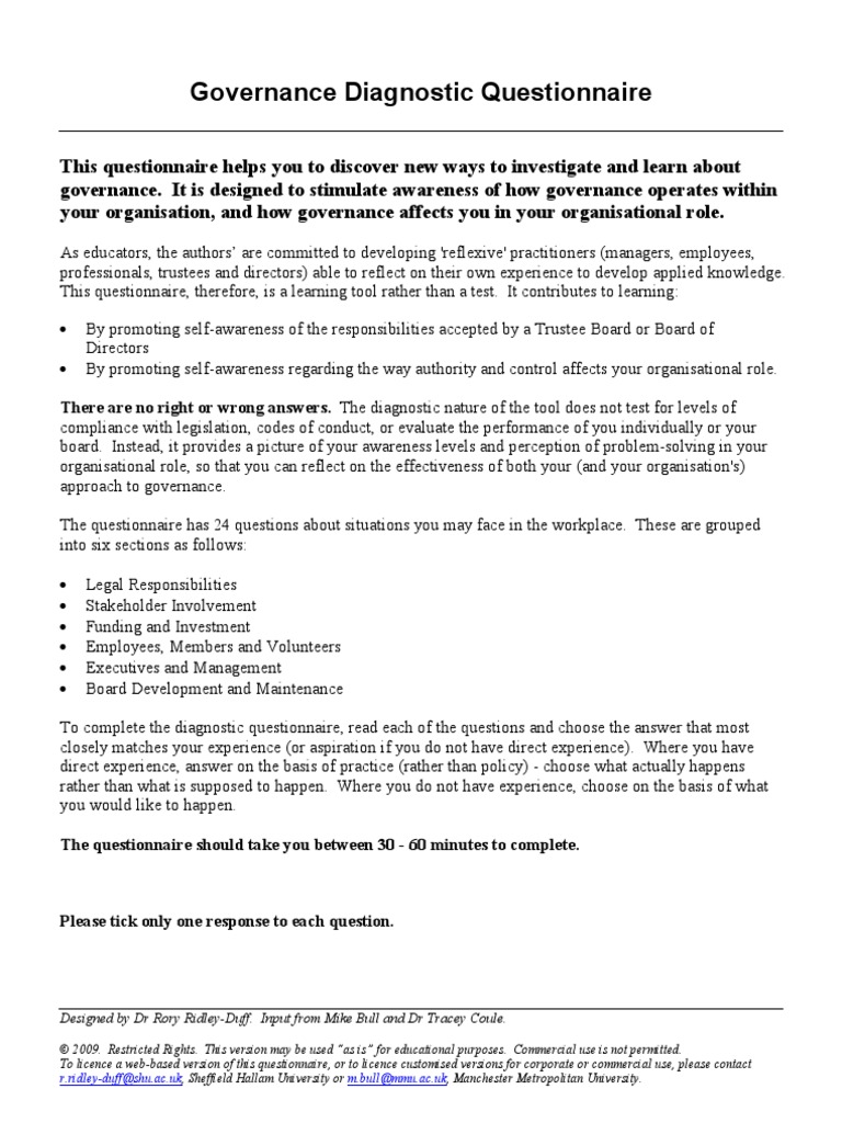Governance - Diagnostic Questionnaire | Governance | Board Of Directors