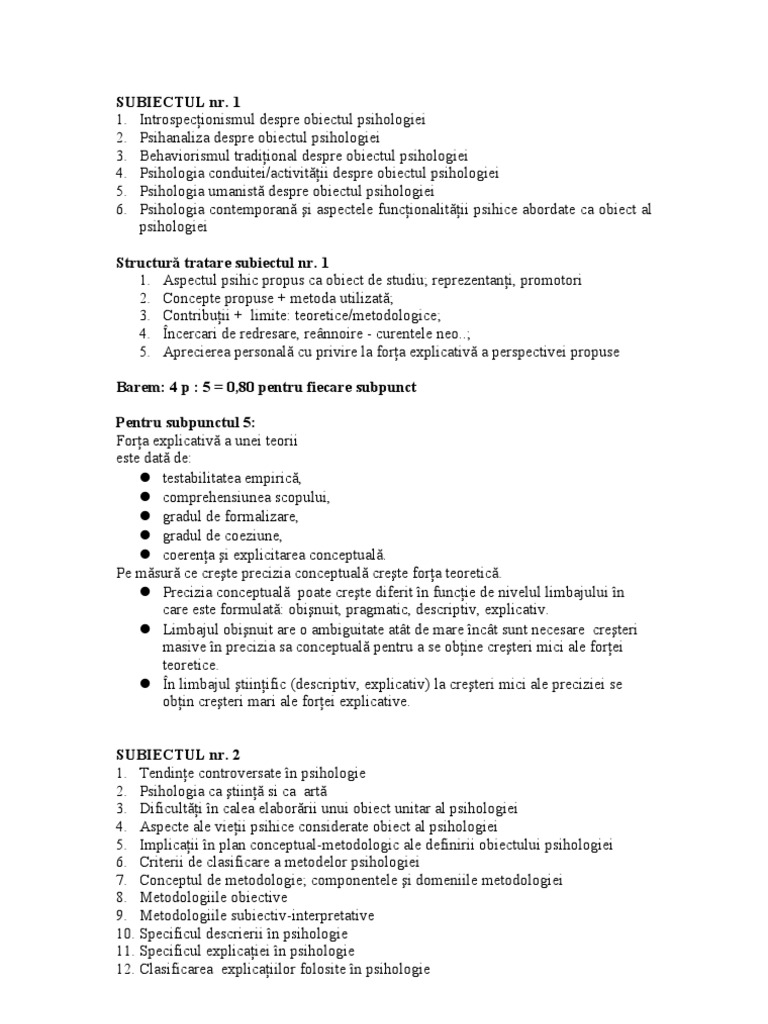 Subiecte Examen Introducere in Psihologie | PDF