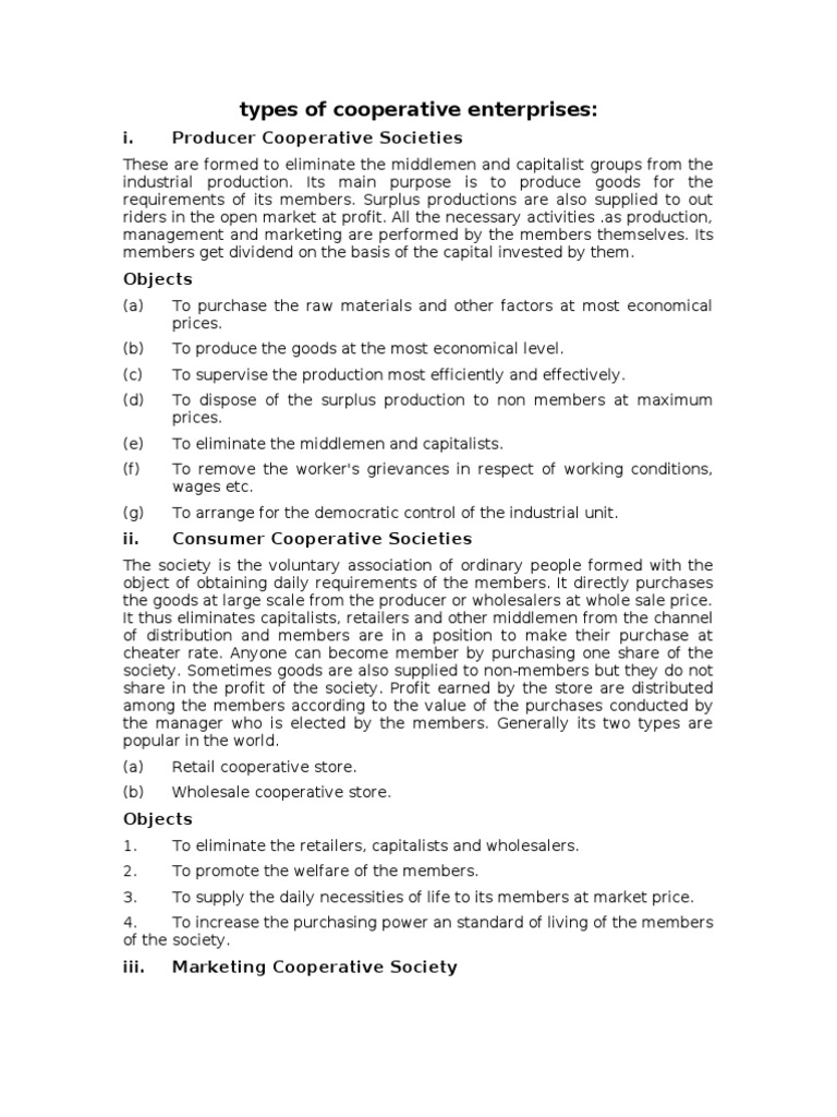 An Overview Of The Various Types Of Cooperative Enterprises And Their