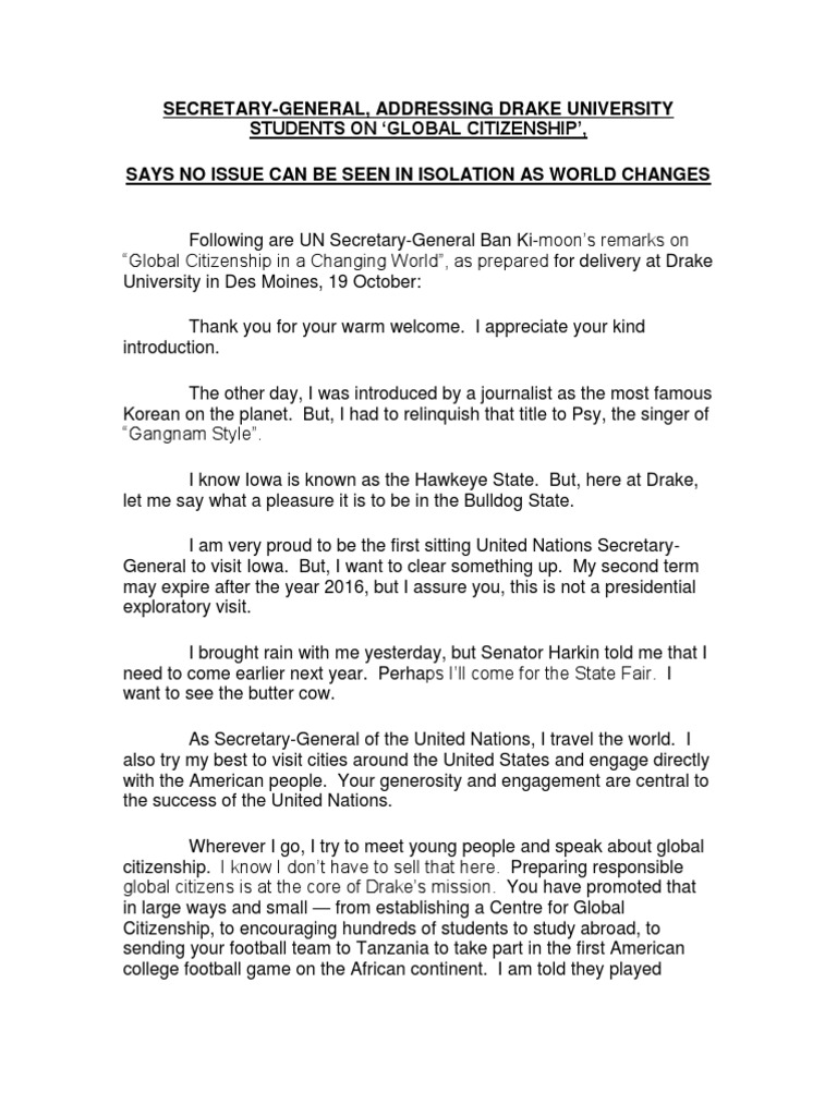 un speech on global citizenship | United Nations | International Politics