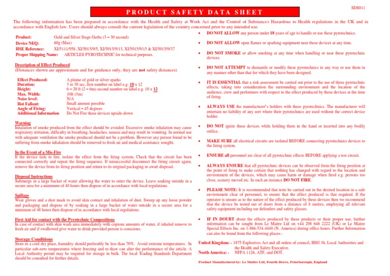 SDS011 Gold and Silver Stage Gerbs (3-30sec) | PDF | Pyrotechnics | Safety