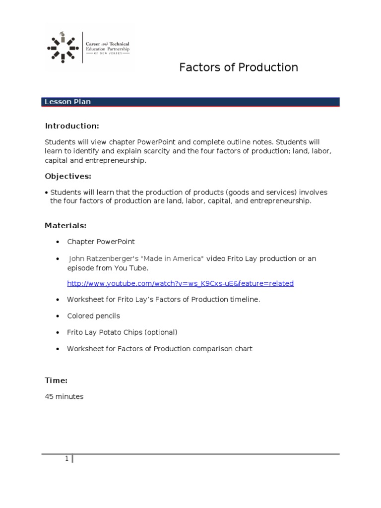 Factors of Production Lesson Plan | PDF | Factors Of Production ...