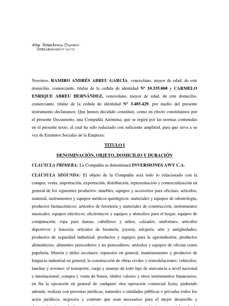 Acta Constitutiva Inversiones Awy C.A. | PDF | Compartir (Finanzas) | Negocios (general)