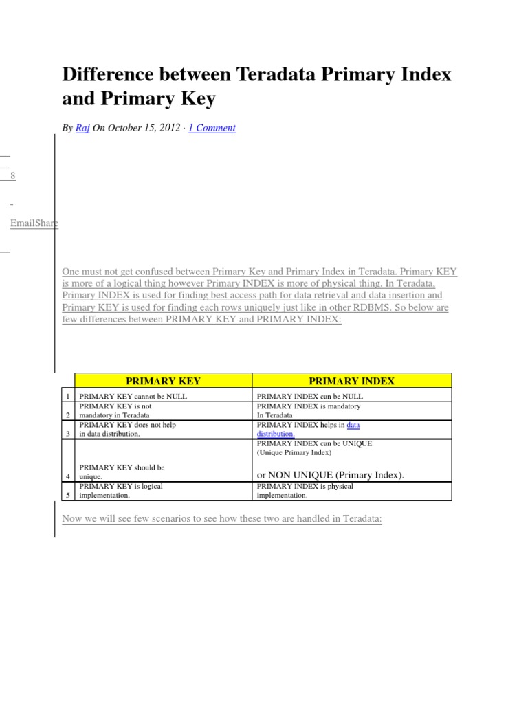 Difference Between Teradata Primary Index and Primary Key | PDF | Database Index | Information ...