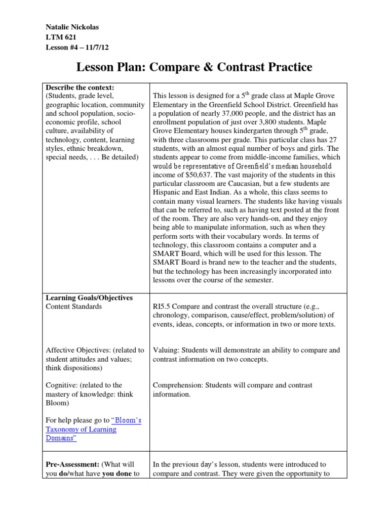 Fifth Grade Compare and Contrast Lesson Plan and Articles LTM 621 | PDF ...
