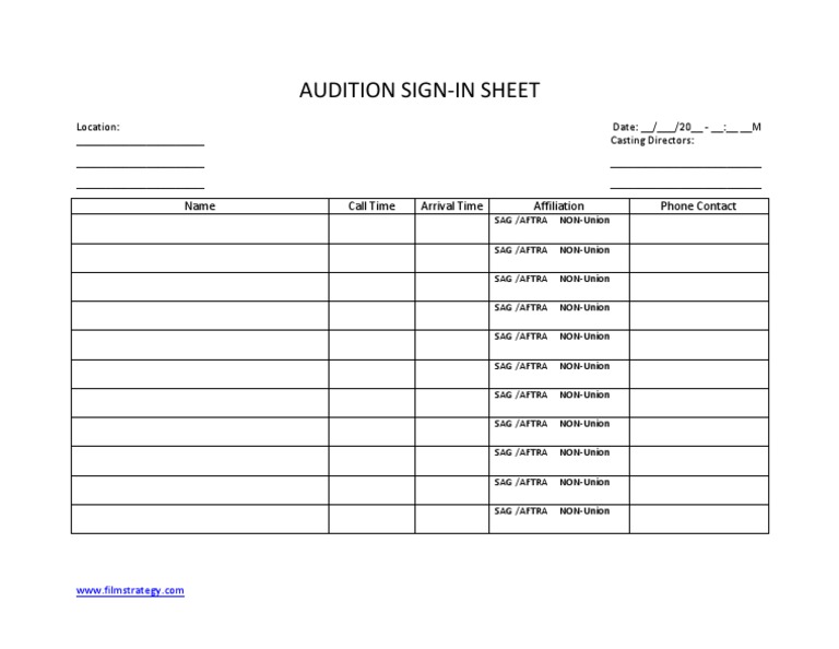 Audition Sign-In Sheet | PDF | Occupational Organizations ...