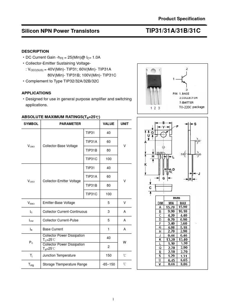 Silicon NPN Power Transistors: TIP31/31A/31B/31C | PDF