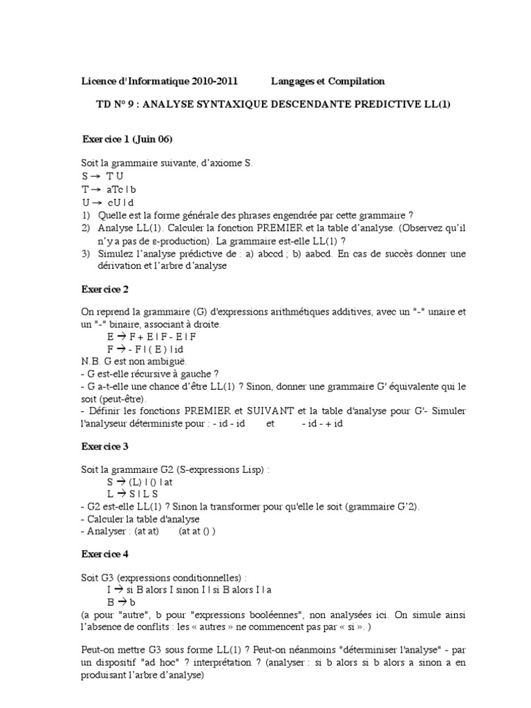 Analyse Syntaxique LL(1) et Grammaires | PDF | Analyse syntaxique | Métalogique