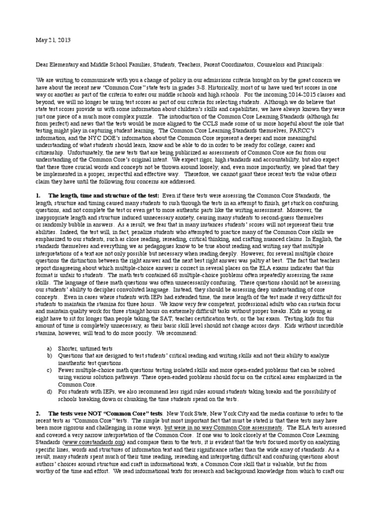 Testing Letter Revised May 21 | PDF | Common Core State Standards ...