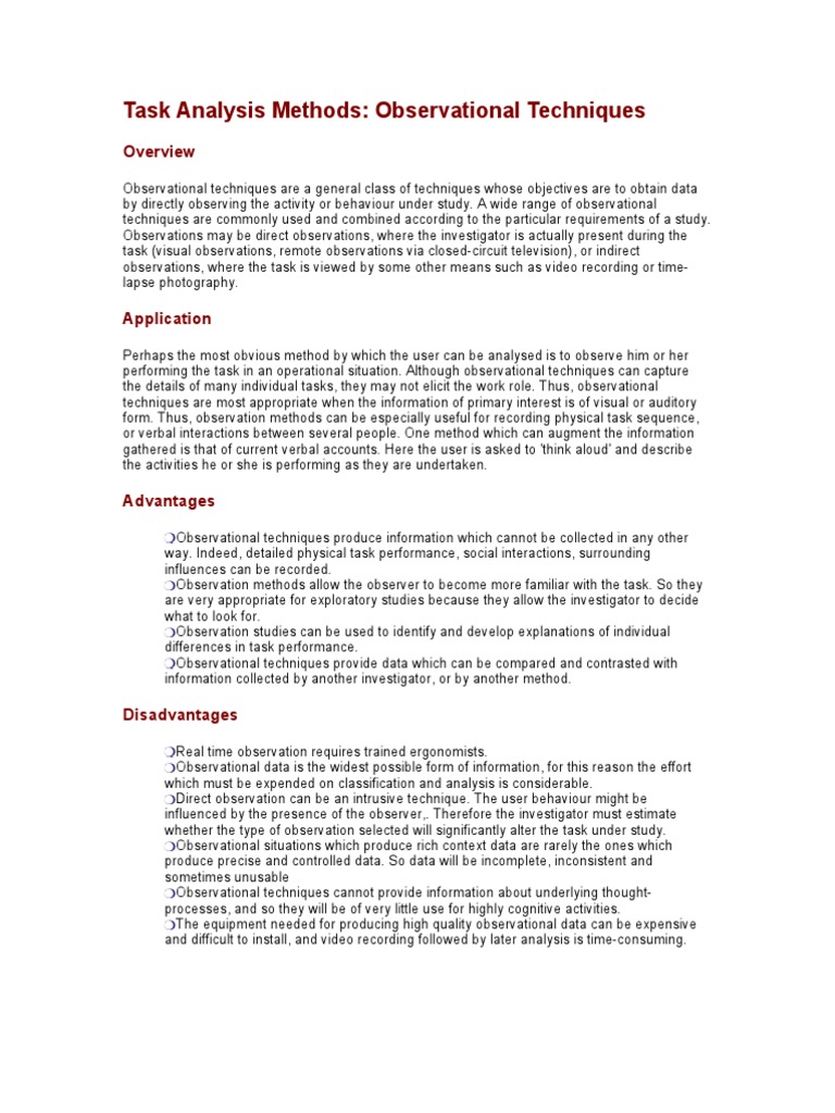 Task Analysis Methods: Observational Techniques | PDF | Observation ...