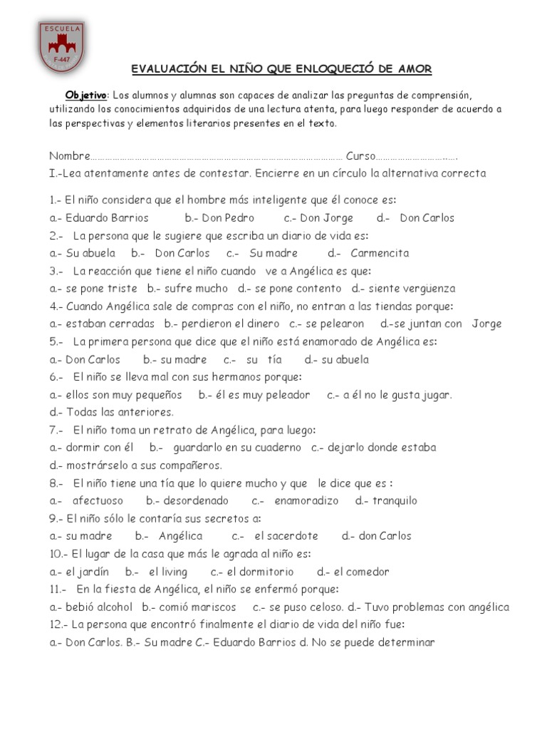 Evaluación El Niño Que Enloqueció de Amor | PDF | Ocio