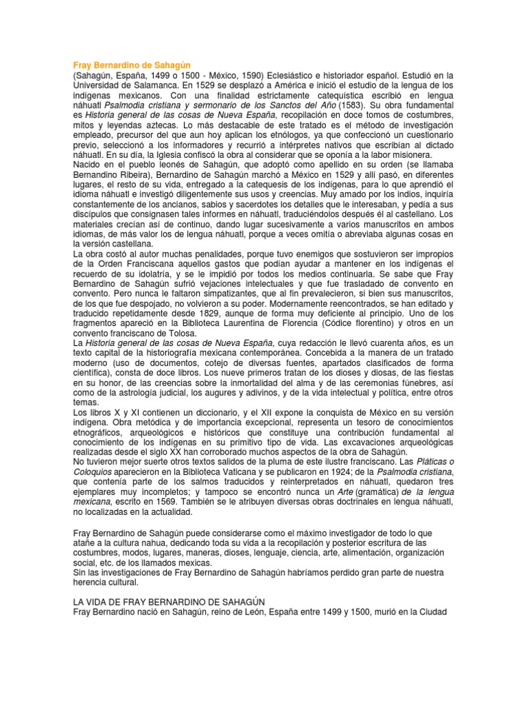 Biografía de Fray Bernardino de Sahagún | PDF