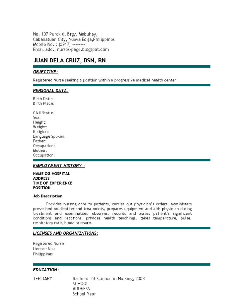 Juan Dela Cruz, BSN, RN Resume | PDF