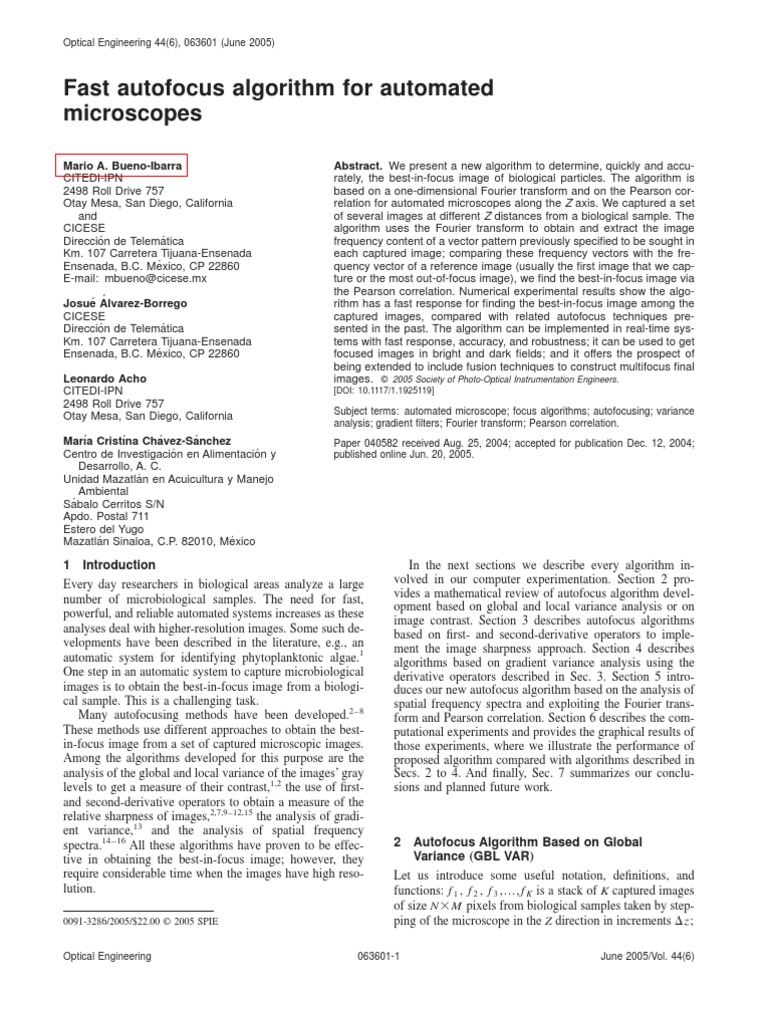 Fast Autofocus Algorithm For Automated Microscopes PDF | PDF ...