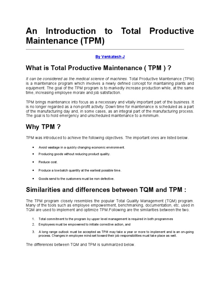 Total Productive Maintenance | PDF | Reliability Engineering | Quality ...