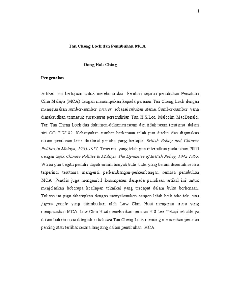 Tan Cheng Lock Dan Penubuhan MCA | PDF