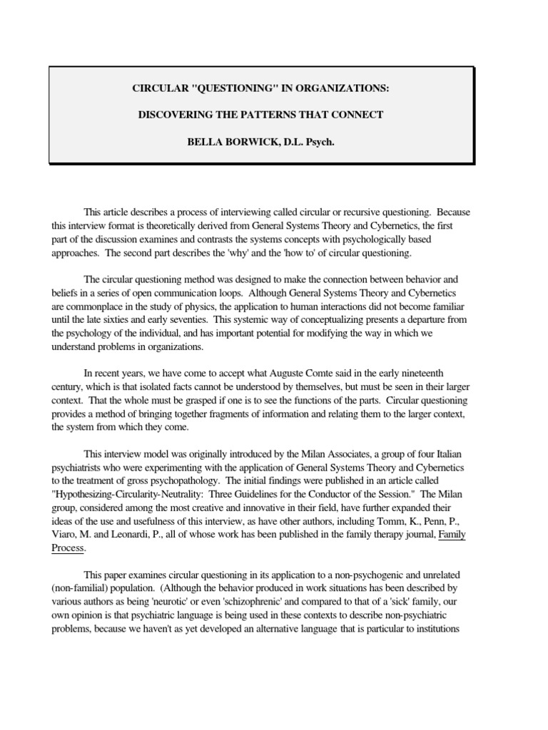 Circular "Questioning" in Organizations: Discovering The Patterns That ...