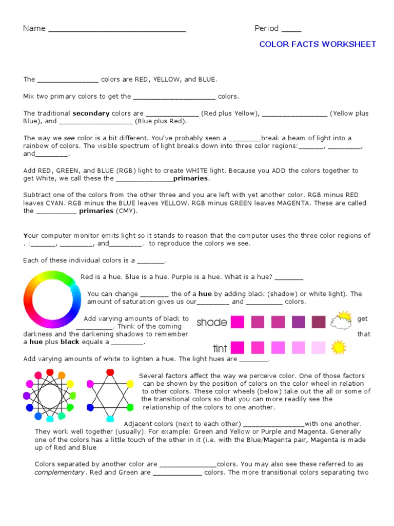 Name - Period - : Color Facts Worksheet | PDF | Magenta | Color