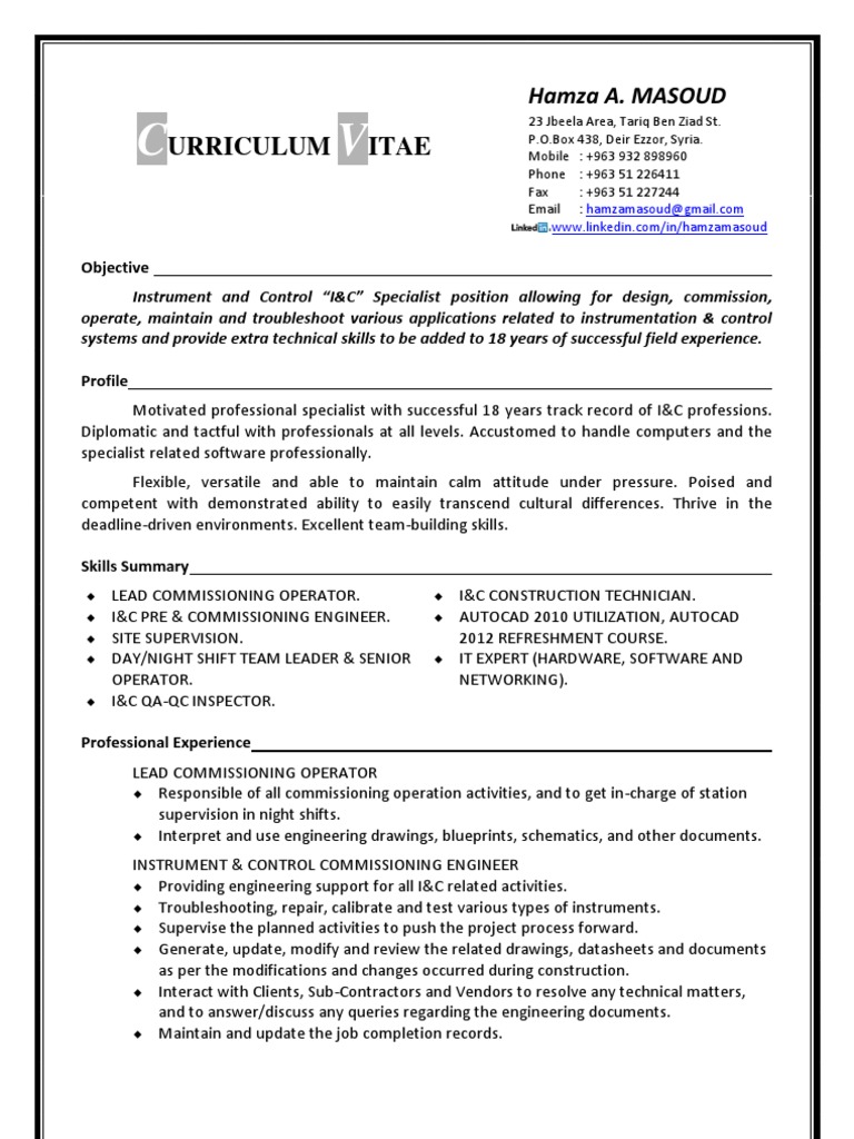 Hamza Masoud C.V - "I&C" Instrument and Control Specialist | PDF ...