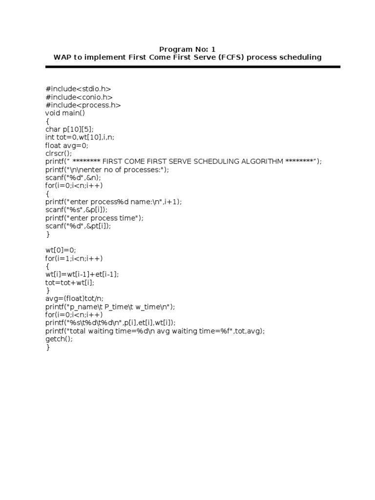 Program No: 1 WAP To Implement First Come First Serve (FCFS) Process ...