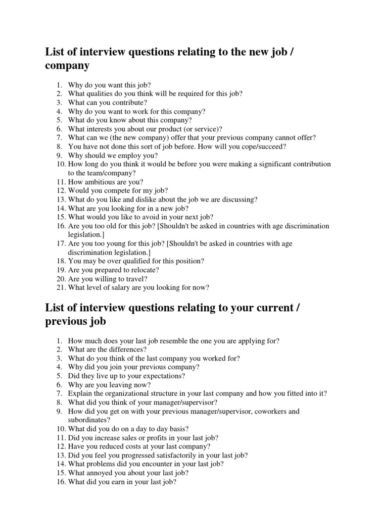 List of Interview Questions Relating To The New Job | PDF | Employment ...